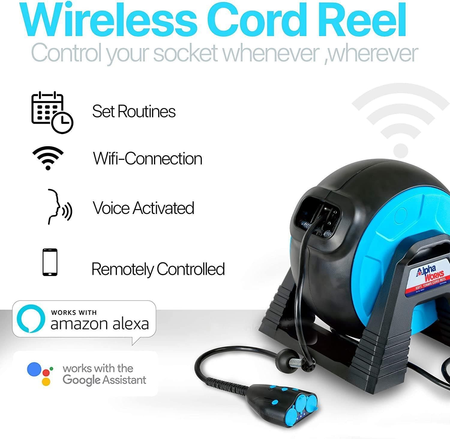 AlphaWorks Portable Retractable Extension Smart Cord Reel (Alexa, Goog ...